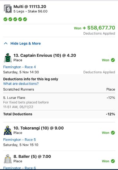 Punter turns $6 into $58k with diabolical spring carnival multi win